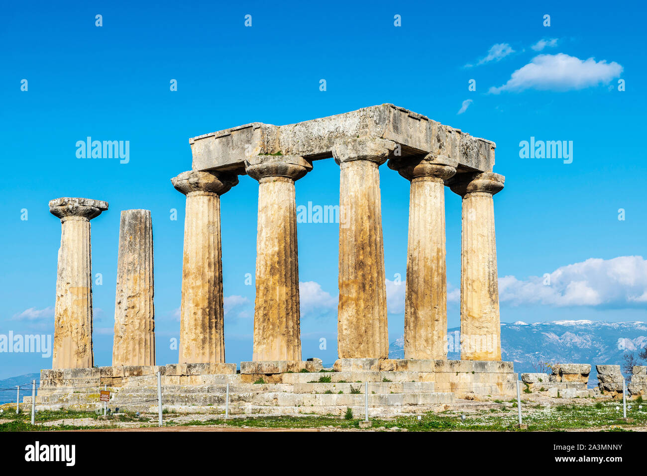 View of the ruins of the Temple of Apollo in ancient Corinth, Greece ...