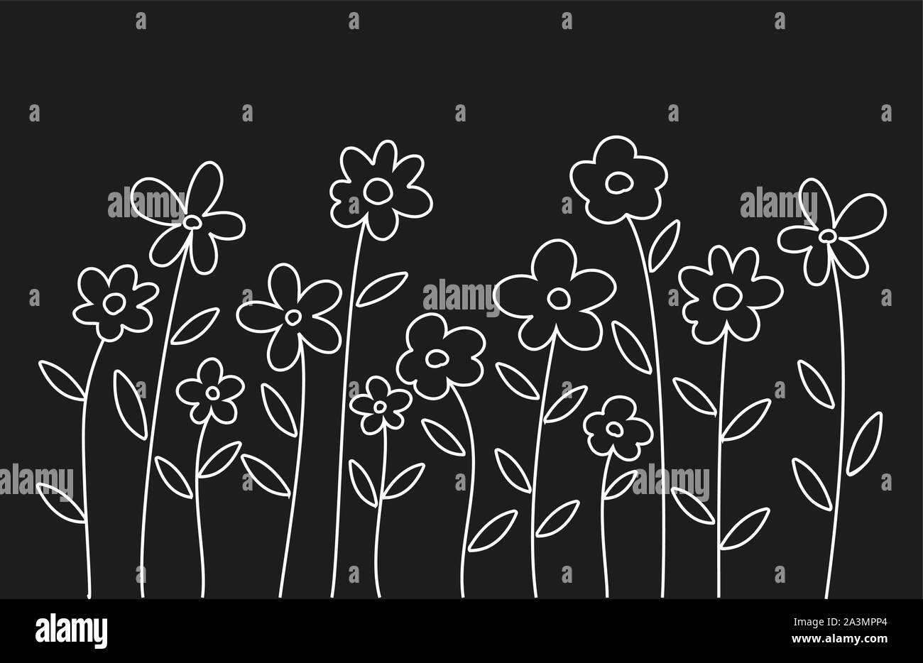 Doodle white line flowers on black background. Vector illustration ...