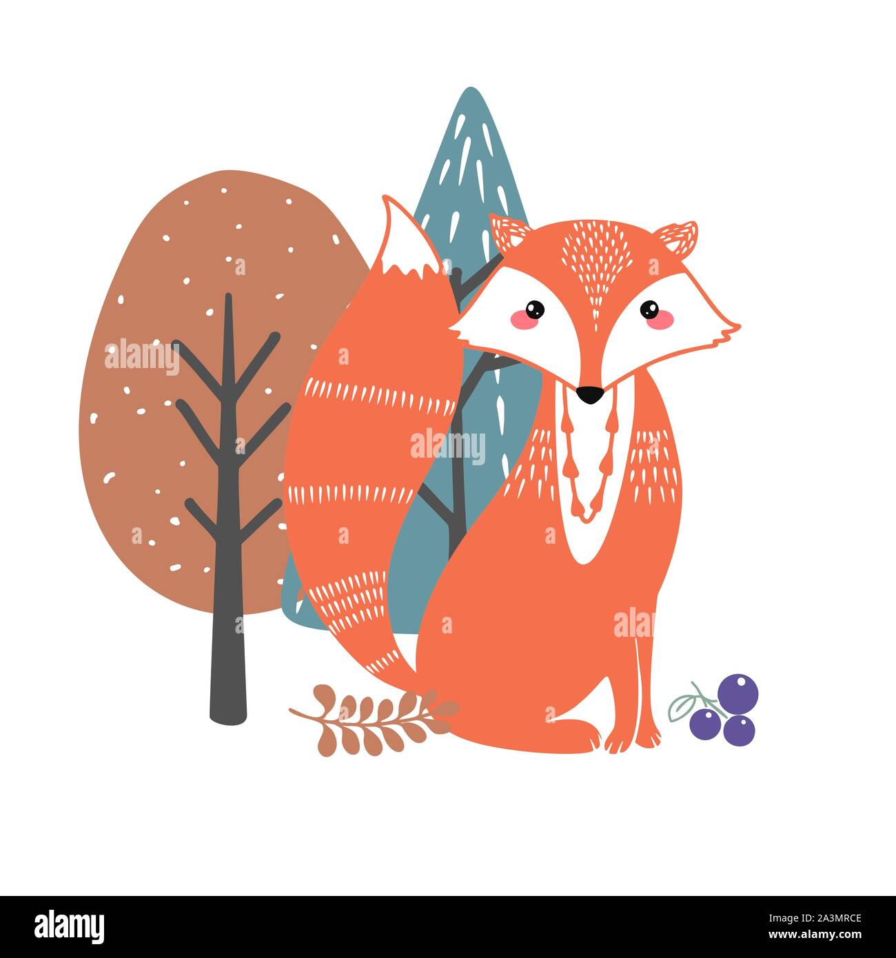 Cute fox on a background of trees. Hand drawn illustration in ...