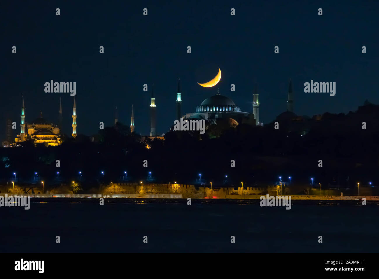 Hagia Sophia and Crescent Moon at Night in Istanbul. Ramadan, kandil ...