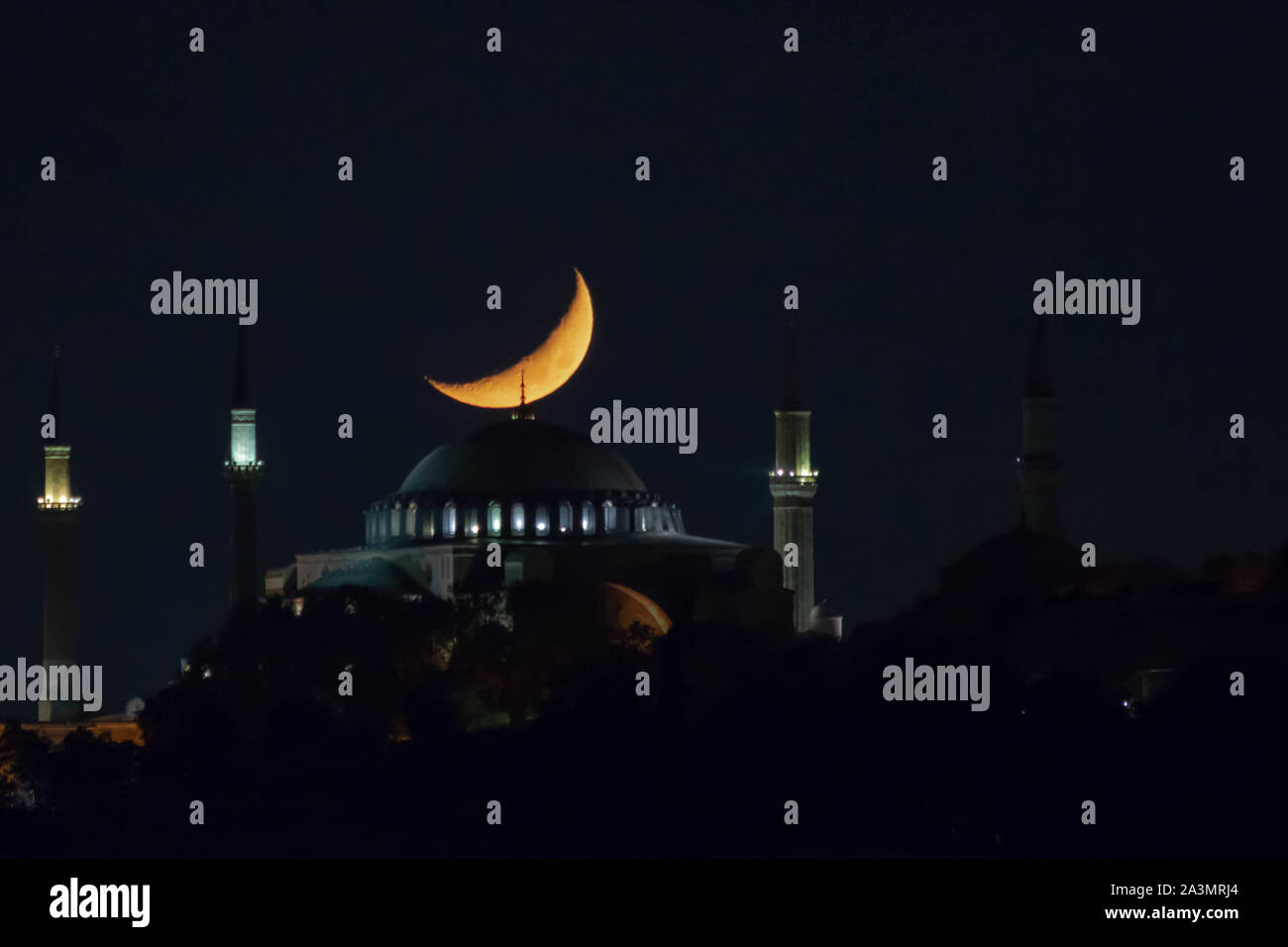 Hagia Sophia and Crescent Moon at Night in Istanbul. Ramadan, kandil ...