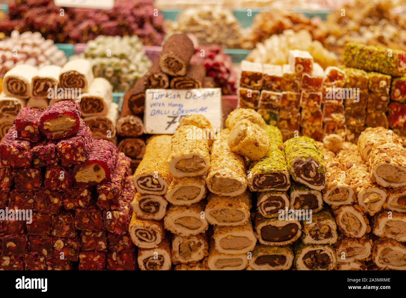 Turkish style sweets on the stand in Spice Bazaar Stock Photo - Alamy