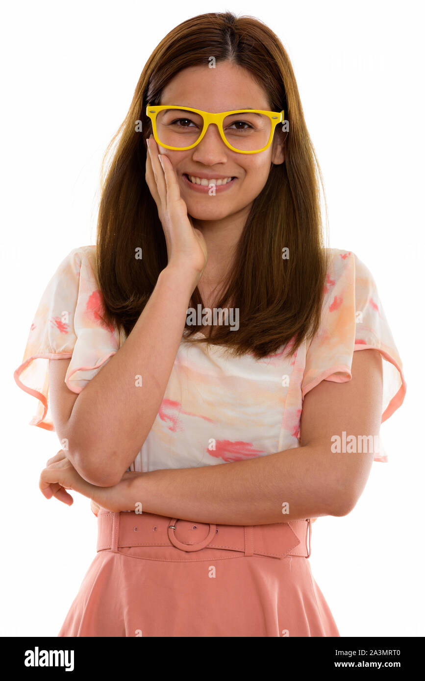 Smiling beautiful woman touching hi-res stock photography and images - Alamy