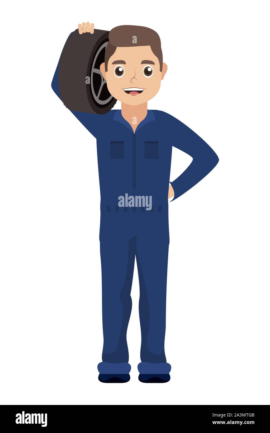 young mechanic worker lifting wheel Stock Vector Image & Art - Alamy