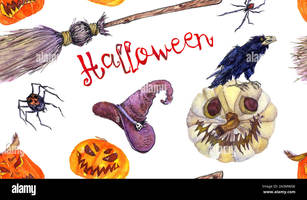 Halloween colorfull pattern design, pumpkin, broom, witch hat, spiders ...