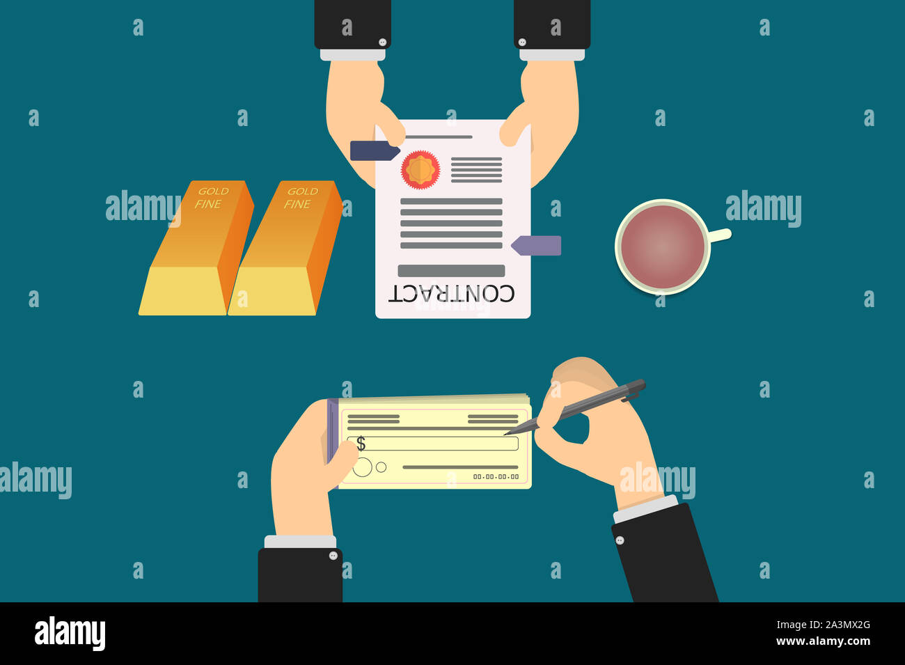 executive hands signing contract for the acquisition of gold bars, the ...