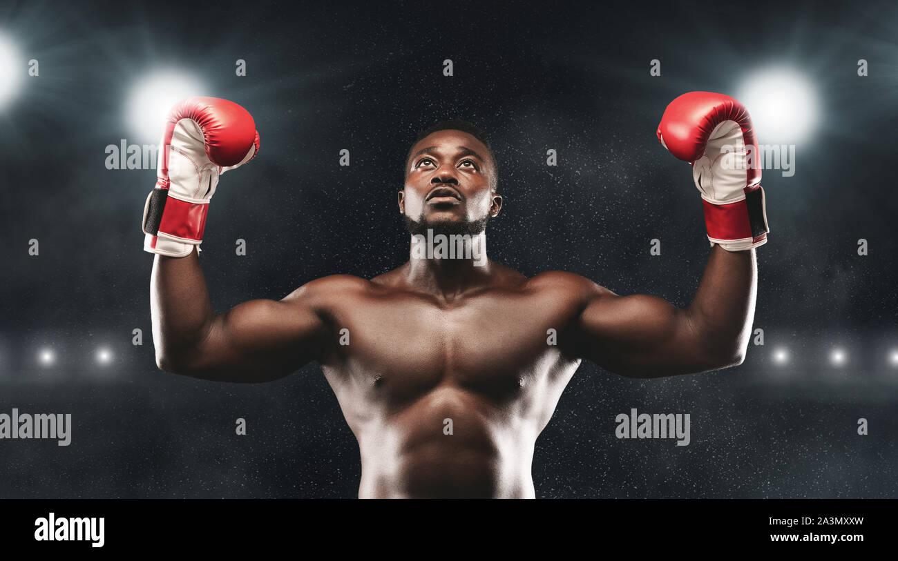Happy fighter celebrating victory with hands up Stock Photo - Alamy