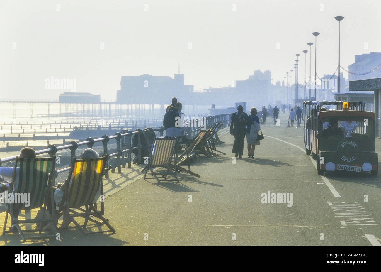 Bognor Regis seafront land train and pier, West Sussex, England, UK ...
