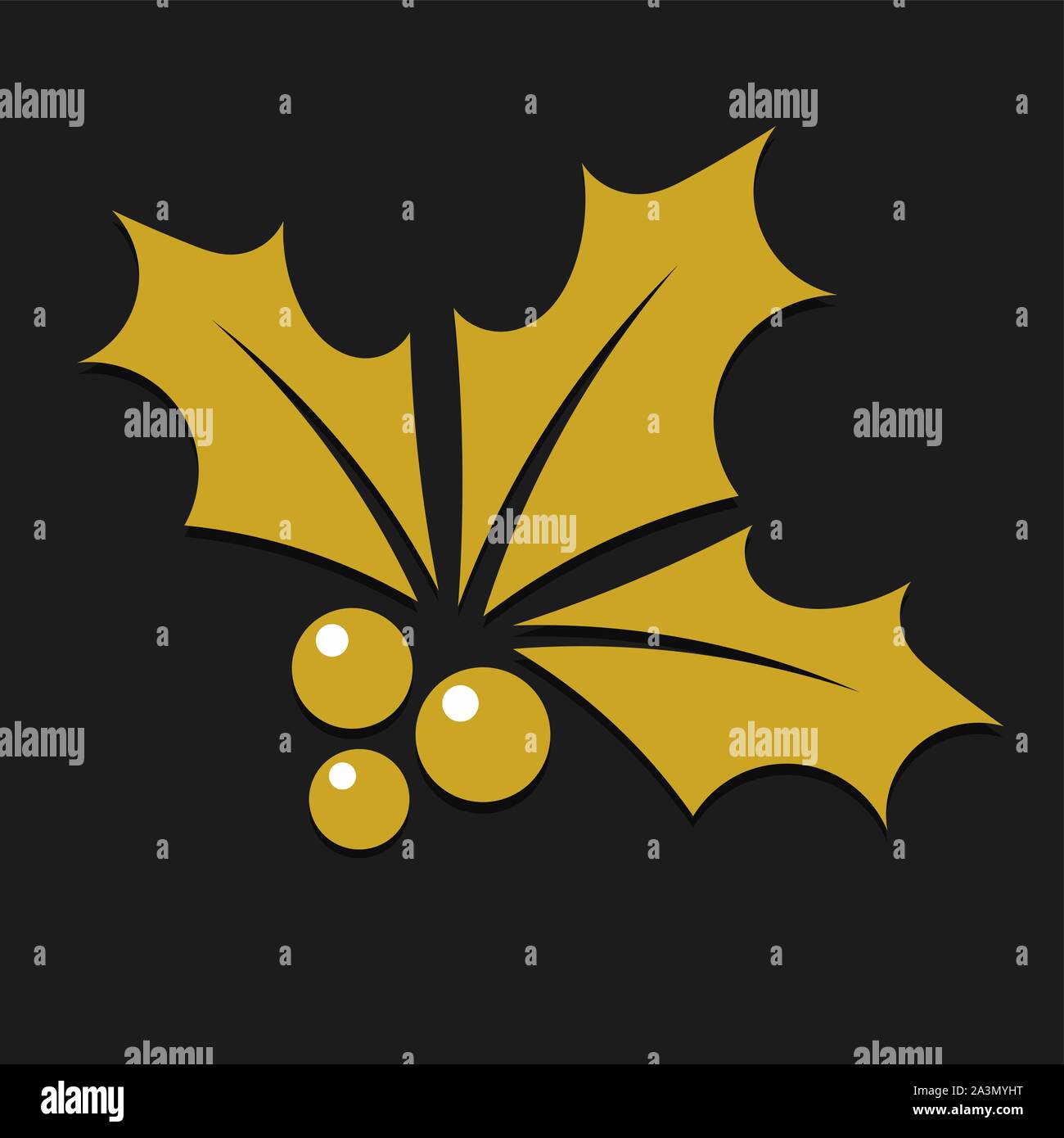 Gold holly leaves Christmas icon on black background. Vector ...