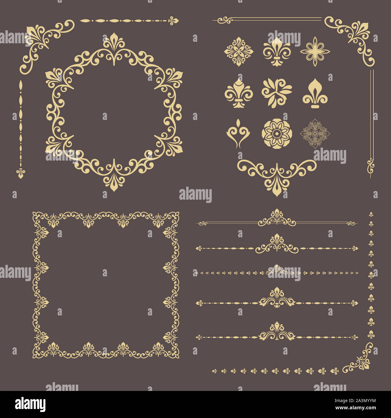 Vintage golden set of horizontal, square and round elements. Different ...