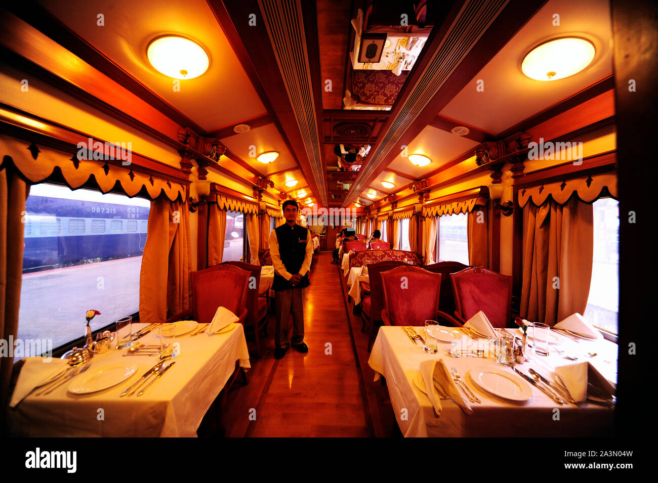 The luxury Golden Chariot Train restaurant wagon at Mysore, Karnataka ...