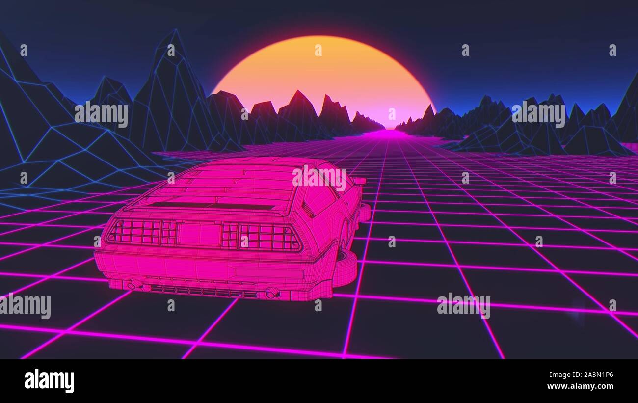 Cyberpunk car in 80s style moves on a virtual neon landscape. 3d ...