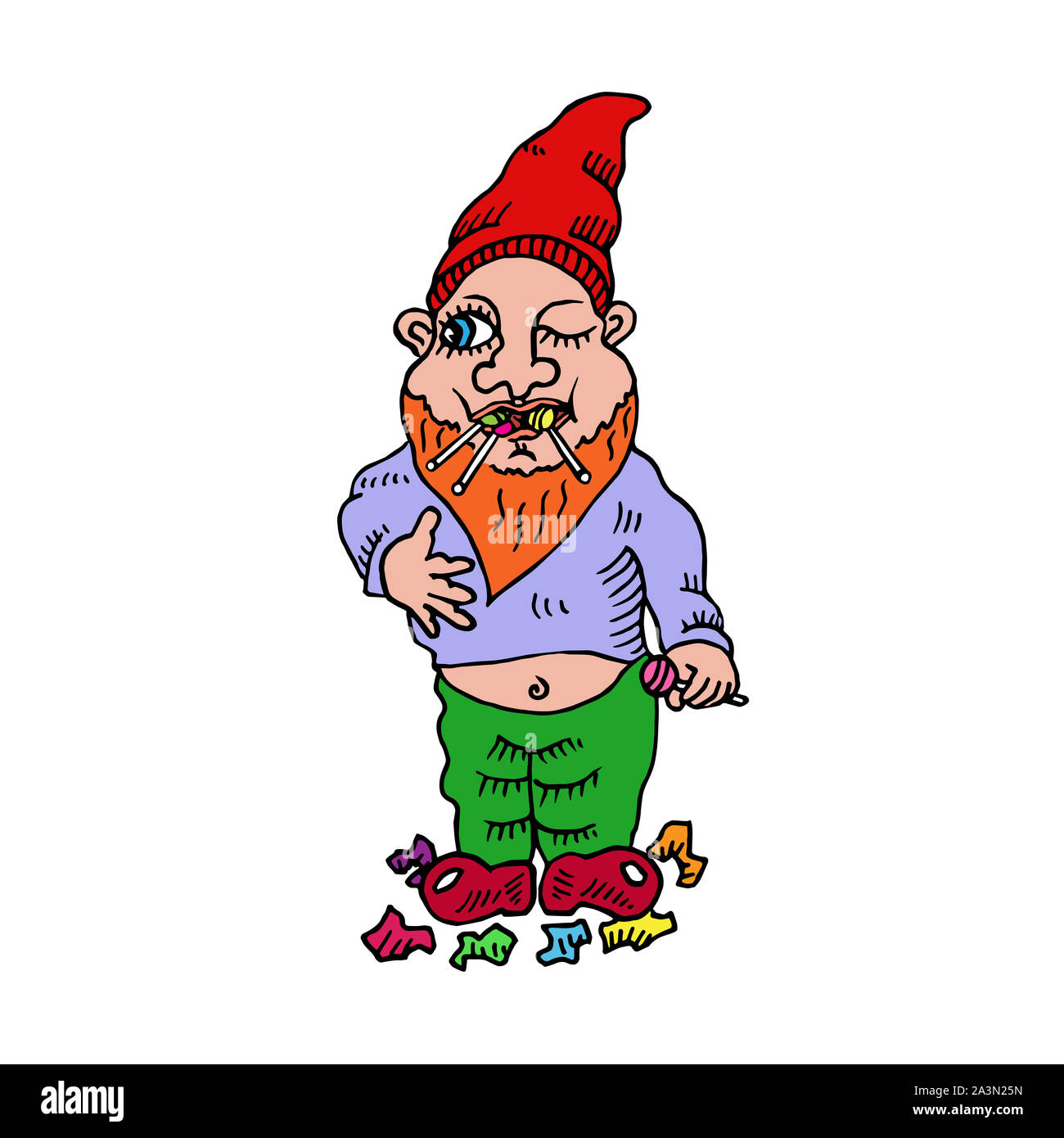 Funny sweet tooth gnome in red hat eating many colorful lollipops, hand ...