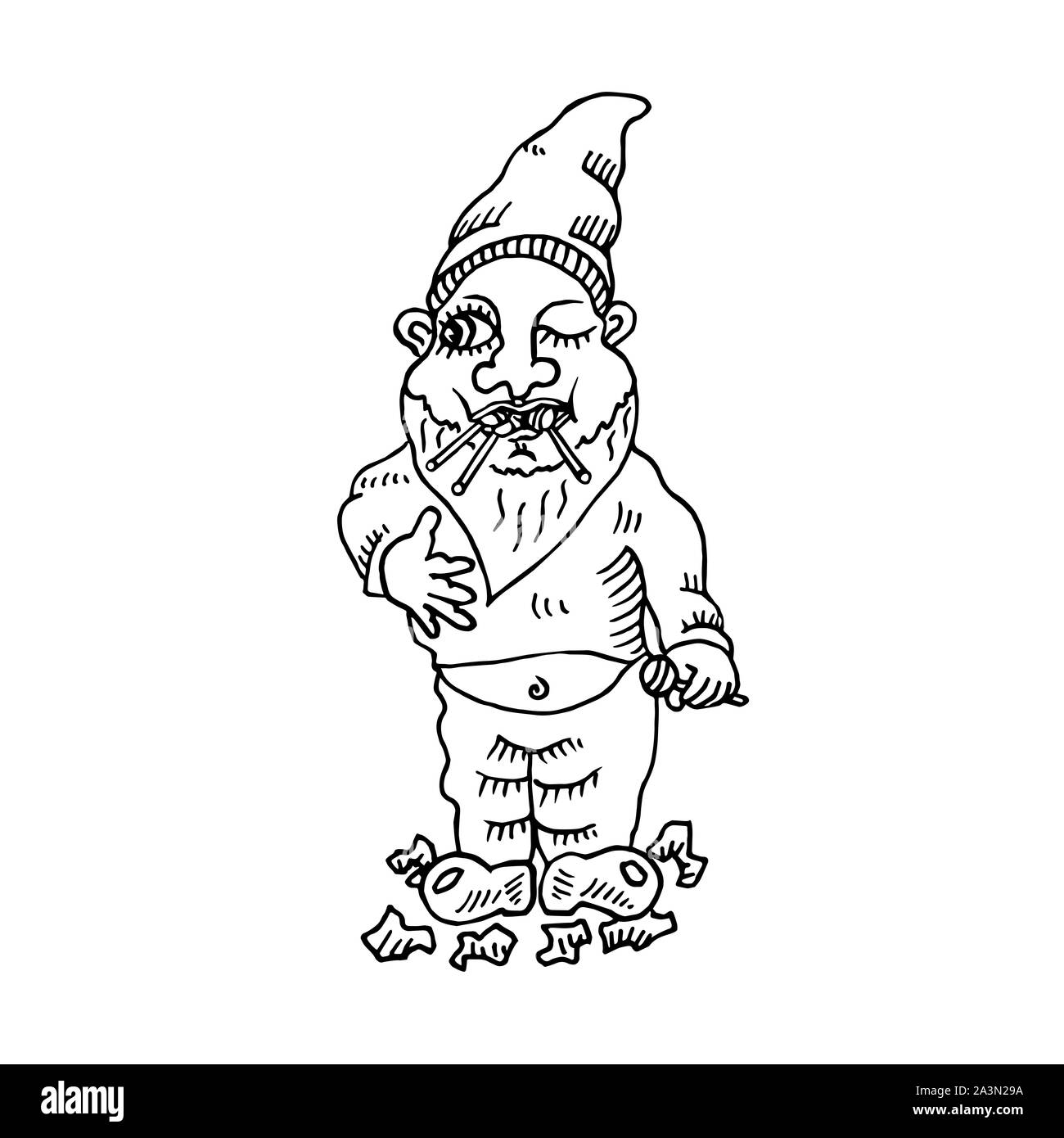 Funny sweet tooth gnome in hat eating many lollipops, hand drawn ...