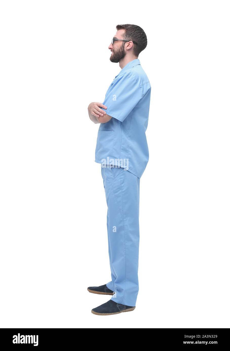 side view. men doctor looking at copy space. isolated on white ...