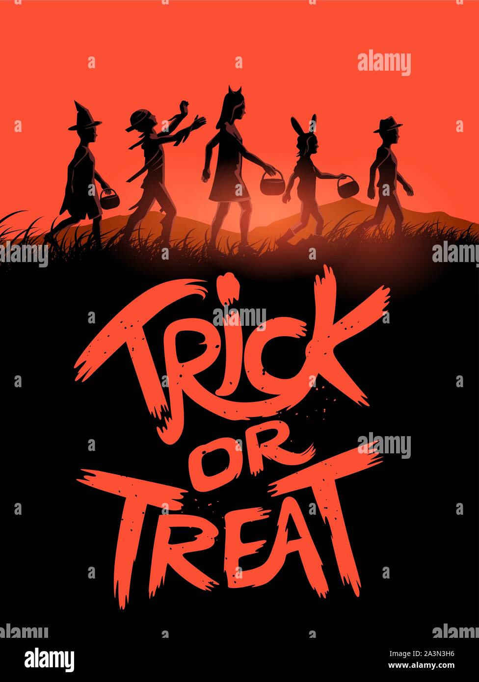 A group of children trick or treating on halloween with a trick or ...