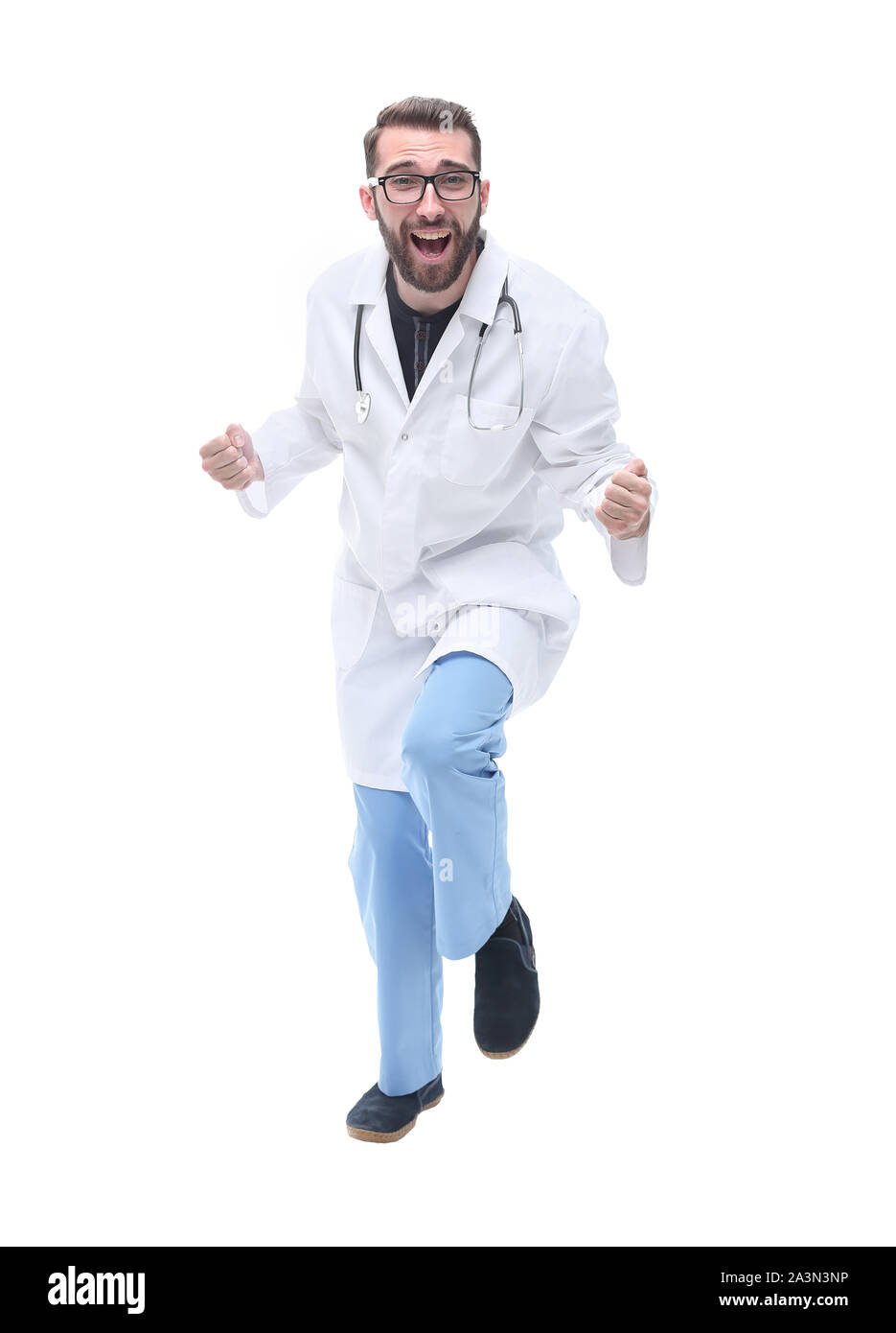 in full growth. portrait of a happy male doctor . isolated on white ...