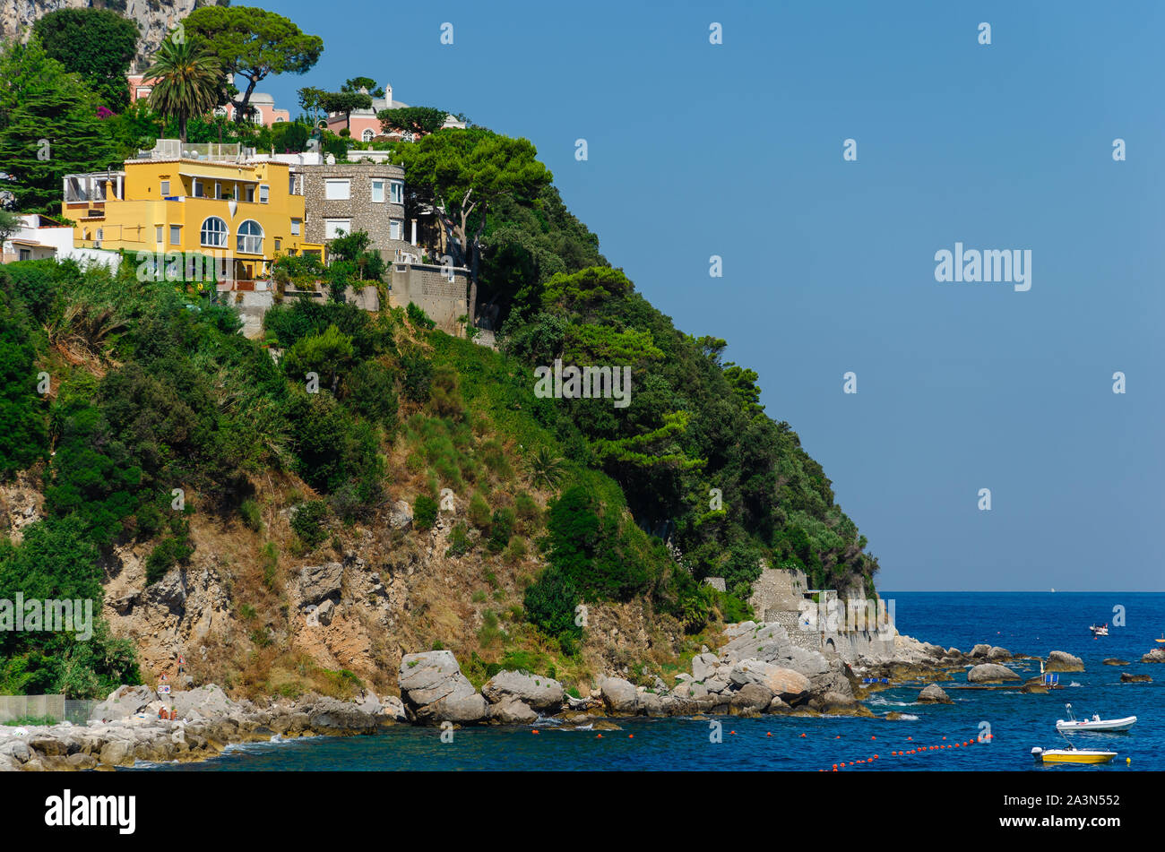Aerial view of the buildings and seascape of Capri Island in Italy ...