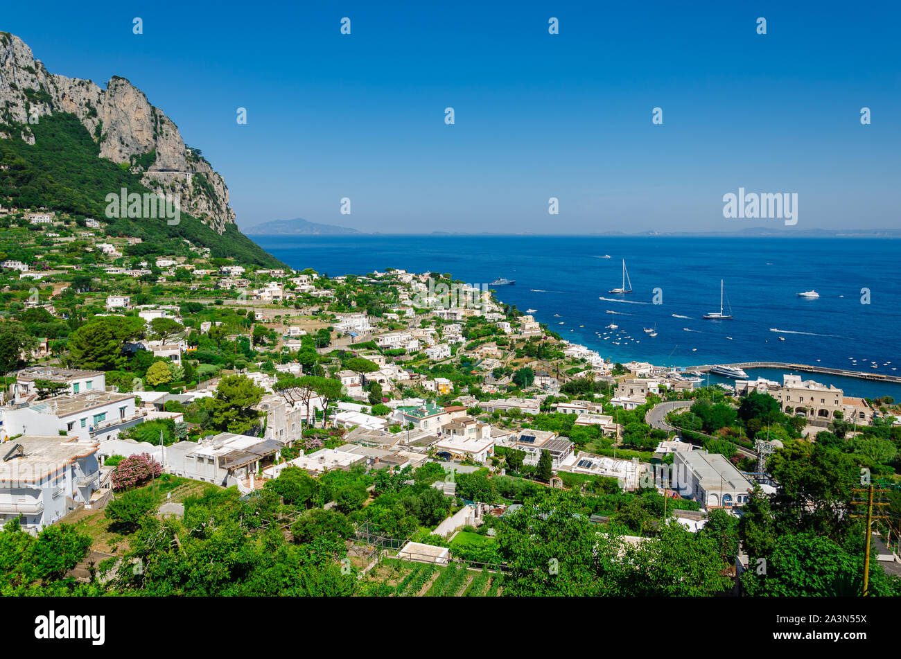 Aerial view of the buildings and seascape of Capri Island in Italy ...
