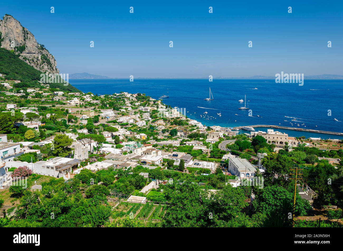 Aerial view of the buildings and seascape of Capri Island in Italy ...