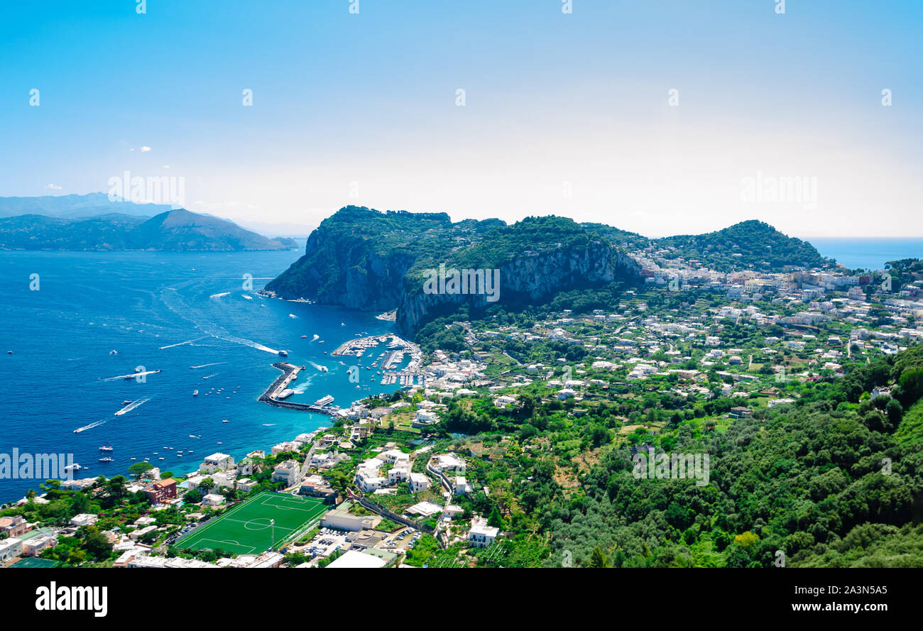 Aerial view of the buildings and seascape of Capri Island in Italy ...
