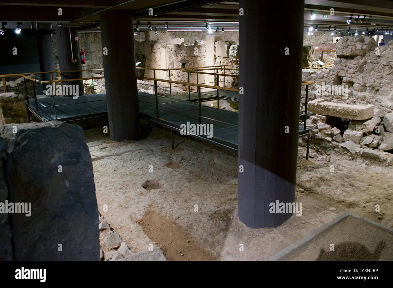 Ancient Roman ruins of the old Barcino city at the MUHBA in Barcelona ...
