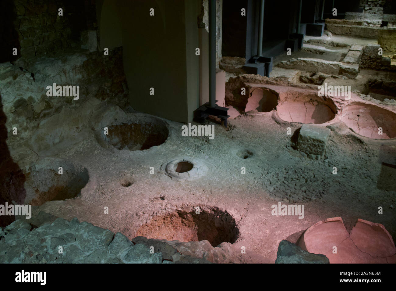 Ancient Roman ruins of the old Barcino city at the MUHBA in Barcelona ...