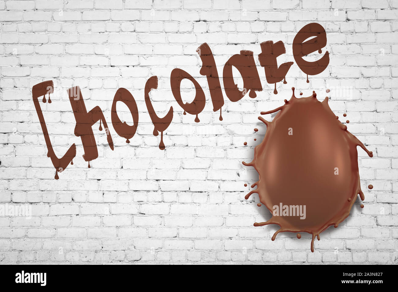 3d rendering of white brick wall with title 'Chocolate' and big melting ...
