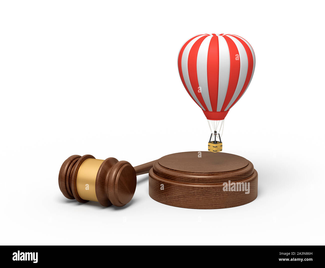 3d rendering of small striped hot-air balloon in air above brown sound ...