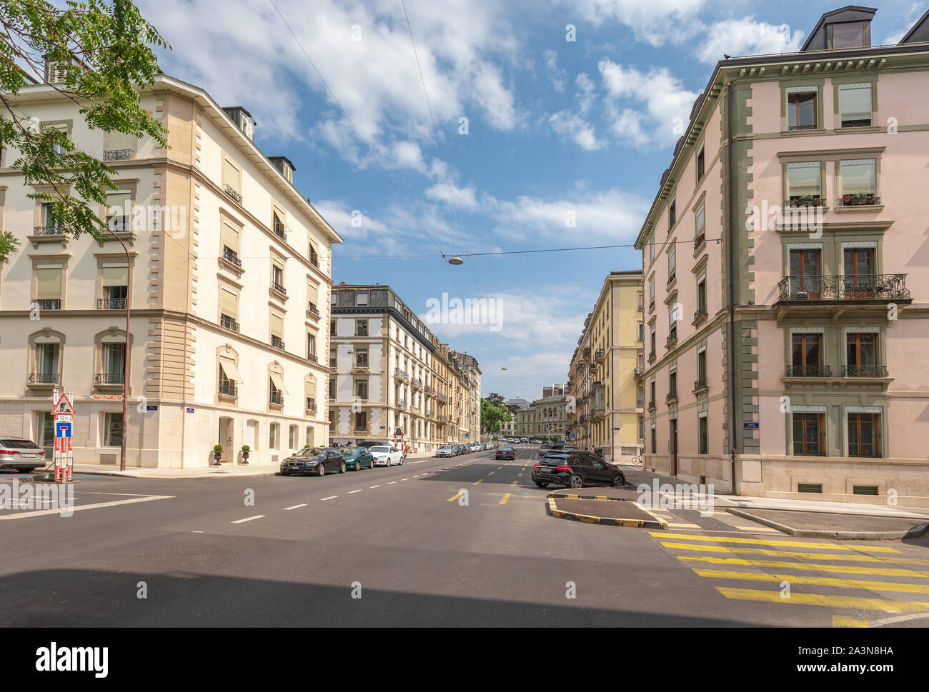 Street with residential buildings in Geneva, Switzerland Stock Photo ...