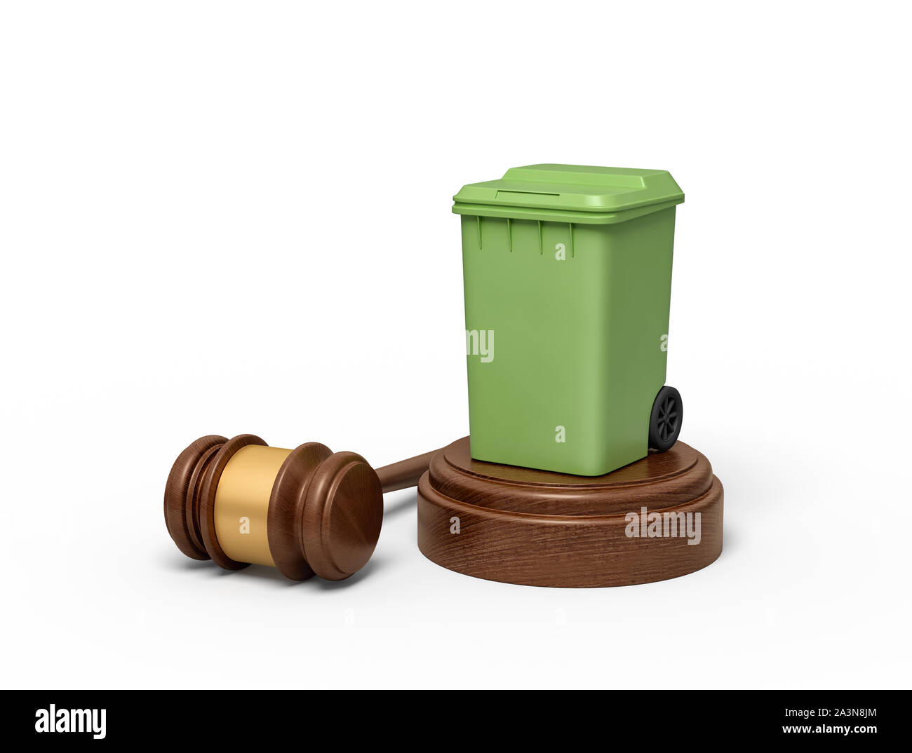 3d rendering of green trash bin on round wooden block and brown wooden ...