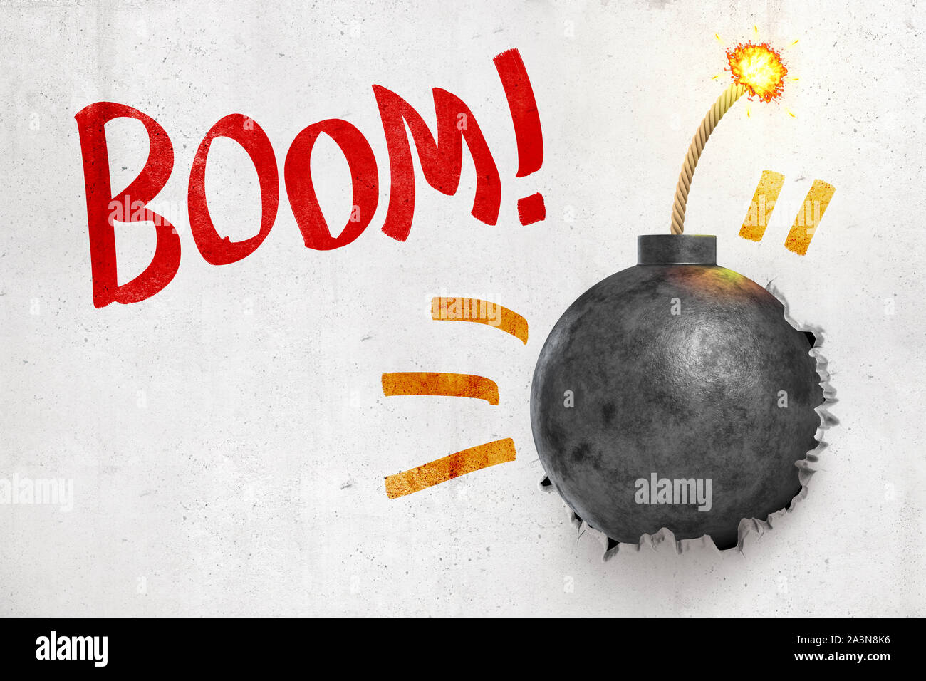 3d rendering of ball bomb with fuse breaking white wall with 'Boom ...