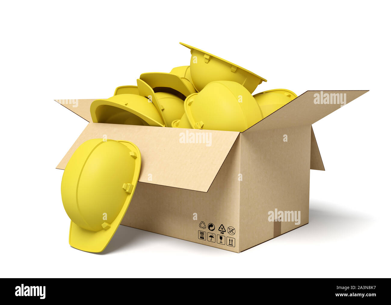 3d rendering of cardboard box full of yellow hard hats Stock Photo - Alamy