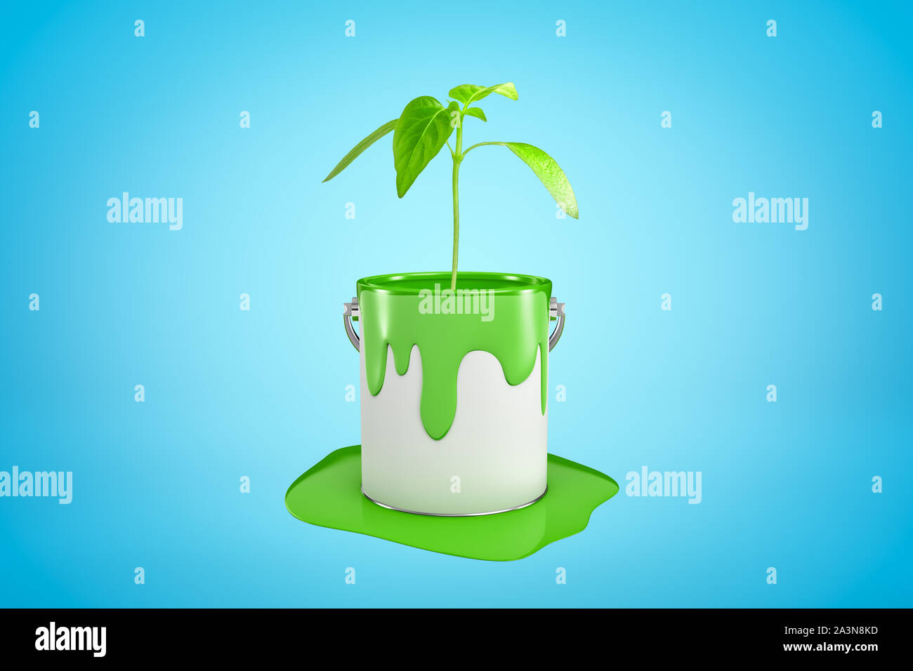 3d close-up rendering of bucket of green paint standing in puddle of ...