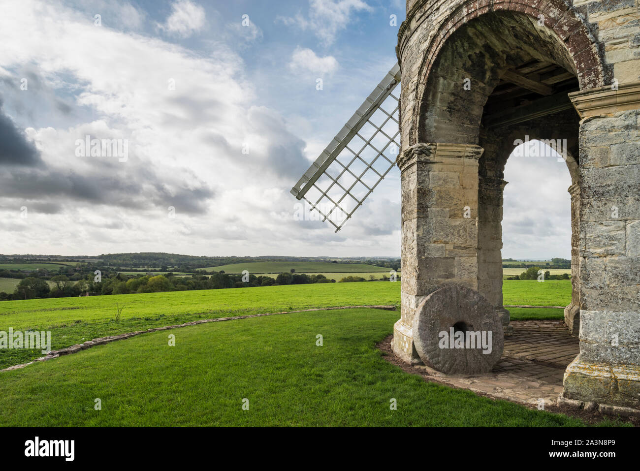 A close-up view of Chesterton Windmill, a landmark stone arched ...