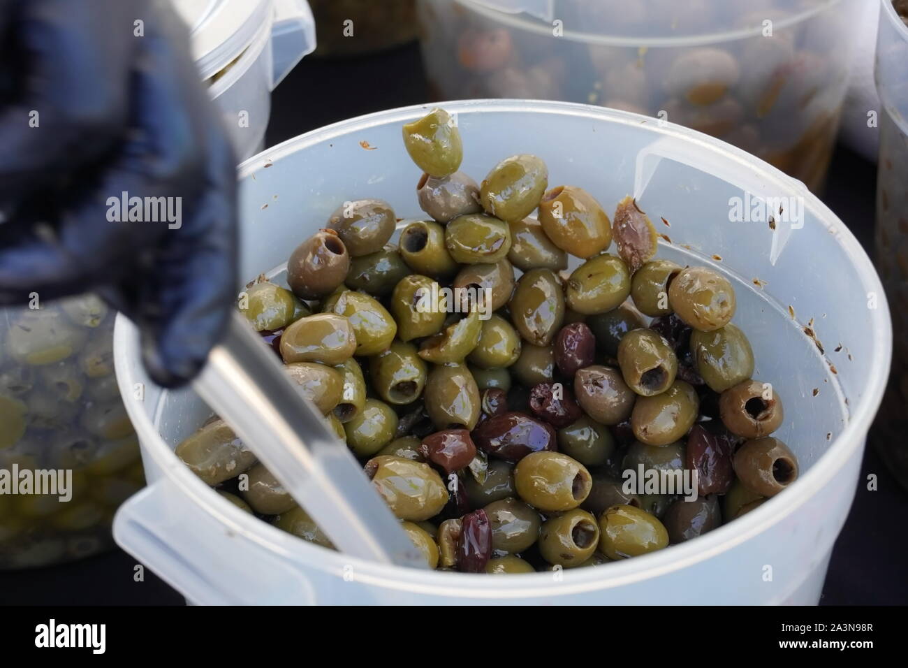 Chantilly, VA / USA - September 19, 2019: Pitted olives being sold at ...