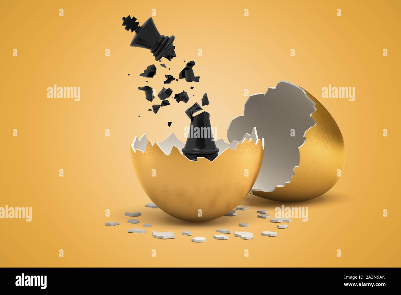 3d rendering of black chess king broken into pieces hatching out of ...