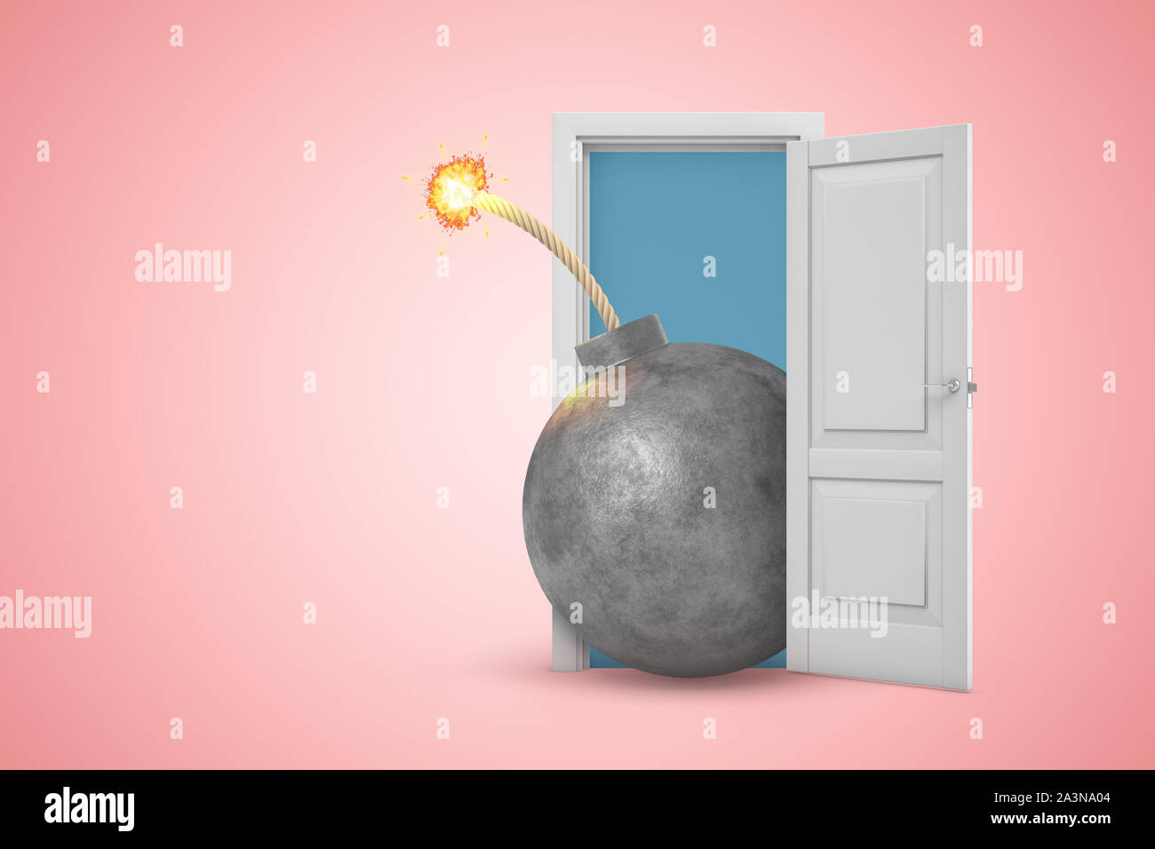 3d rendering of ball bomb with fuse in white doorway on light pink ...