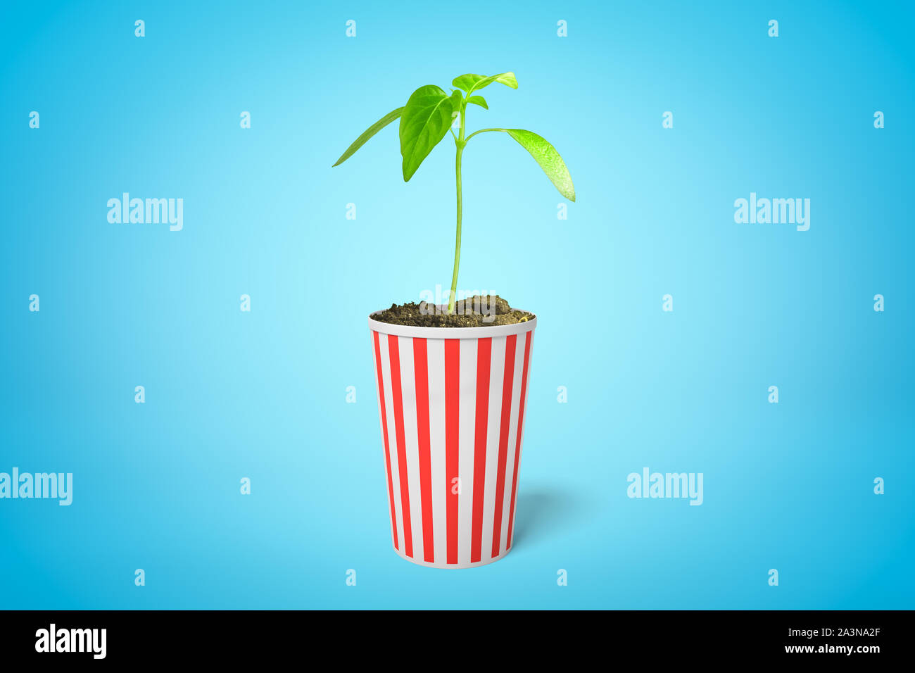 3d rendering of green sprout growing in popcorn bucket on blue ...