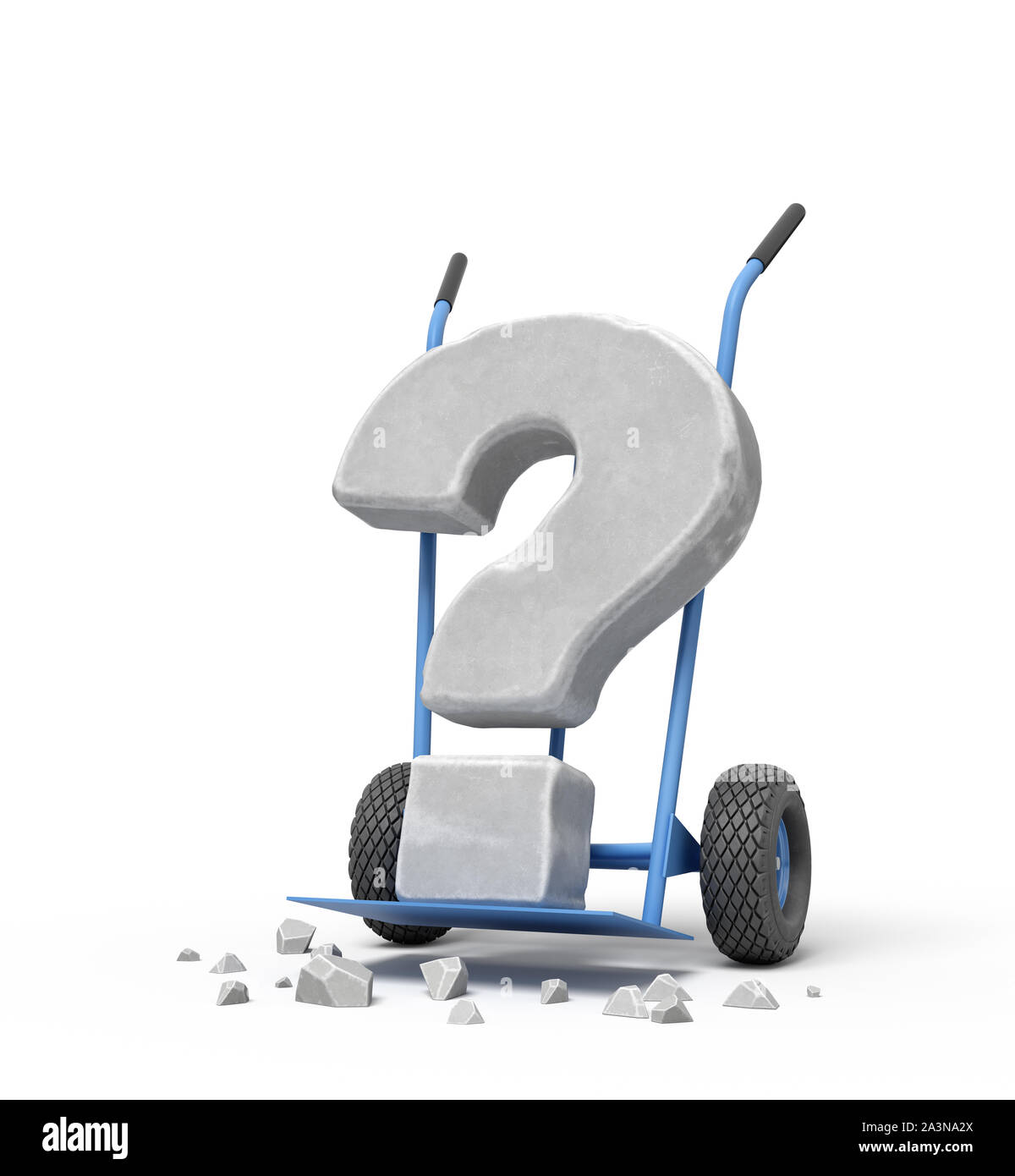 3d rendering of large stone question mark on blue hand truck with big stone crumbs on ground ...