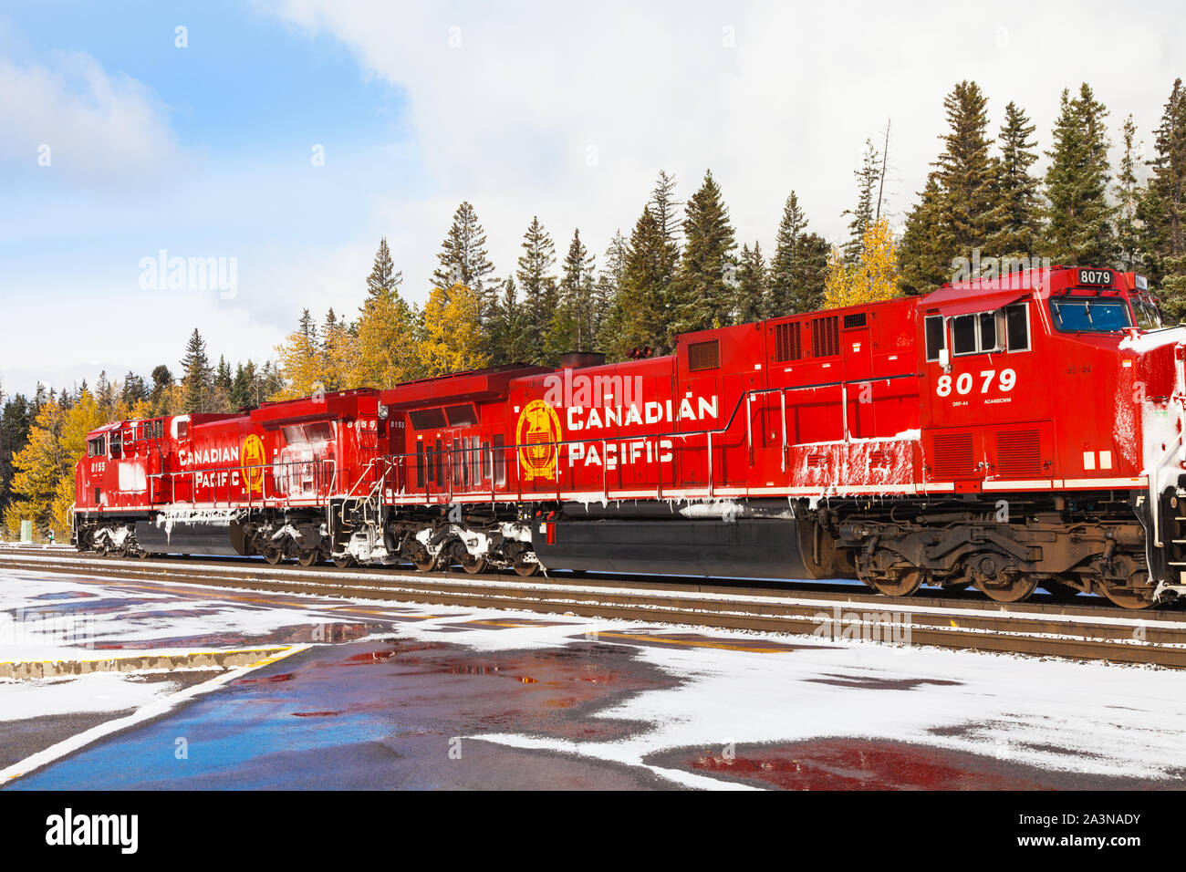 Bright red Canadian Pacific Locomotives at the railway station in Banff Alberta Canada Stock ...