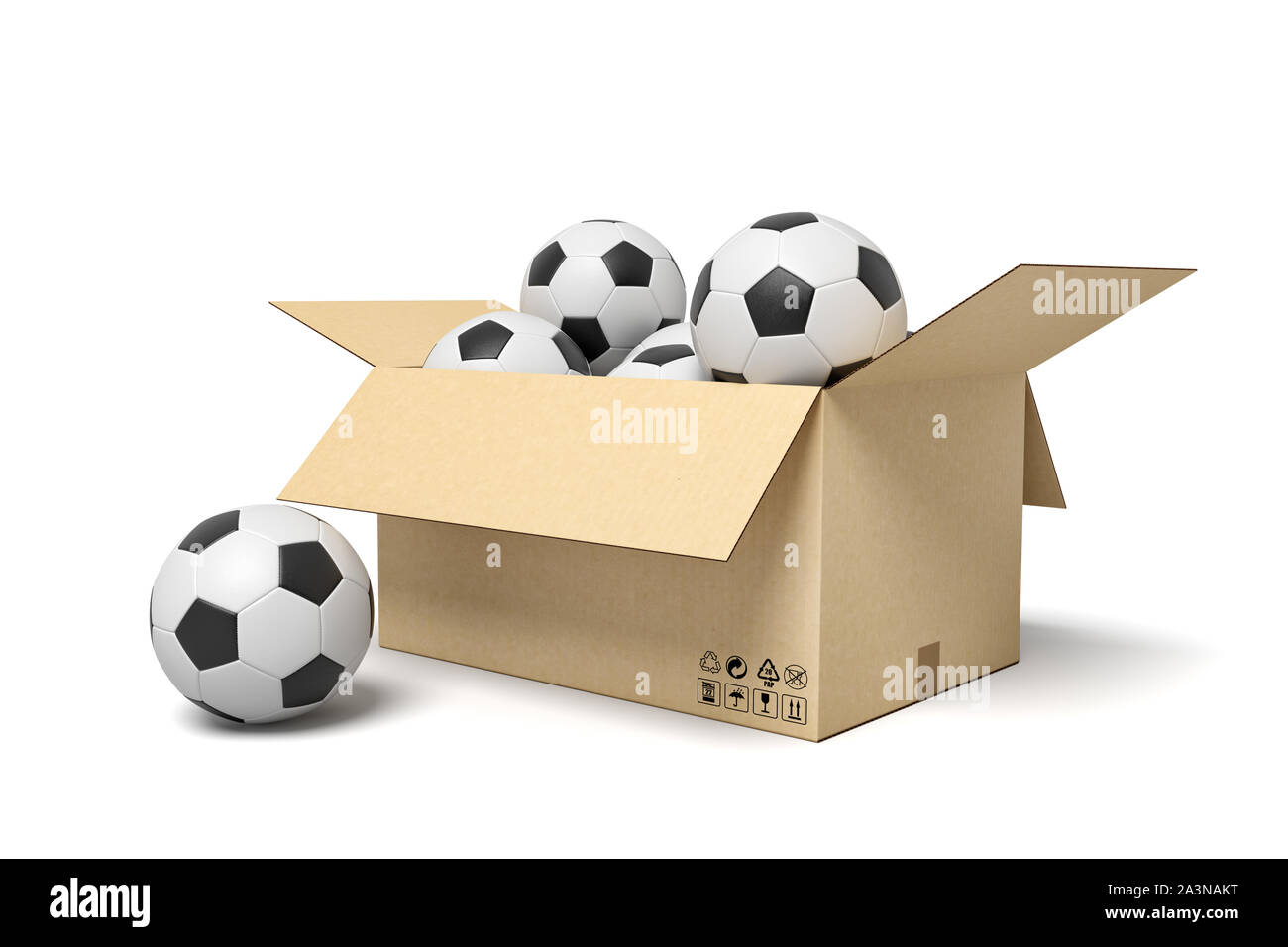 3d rendering of cardboard box full of footballs and one football beside ...
