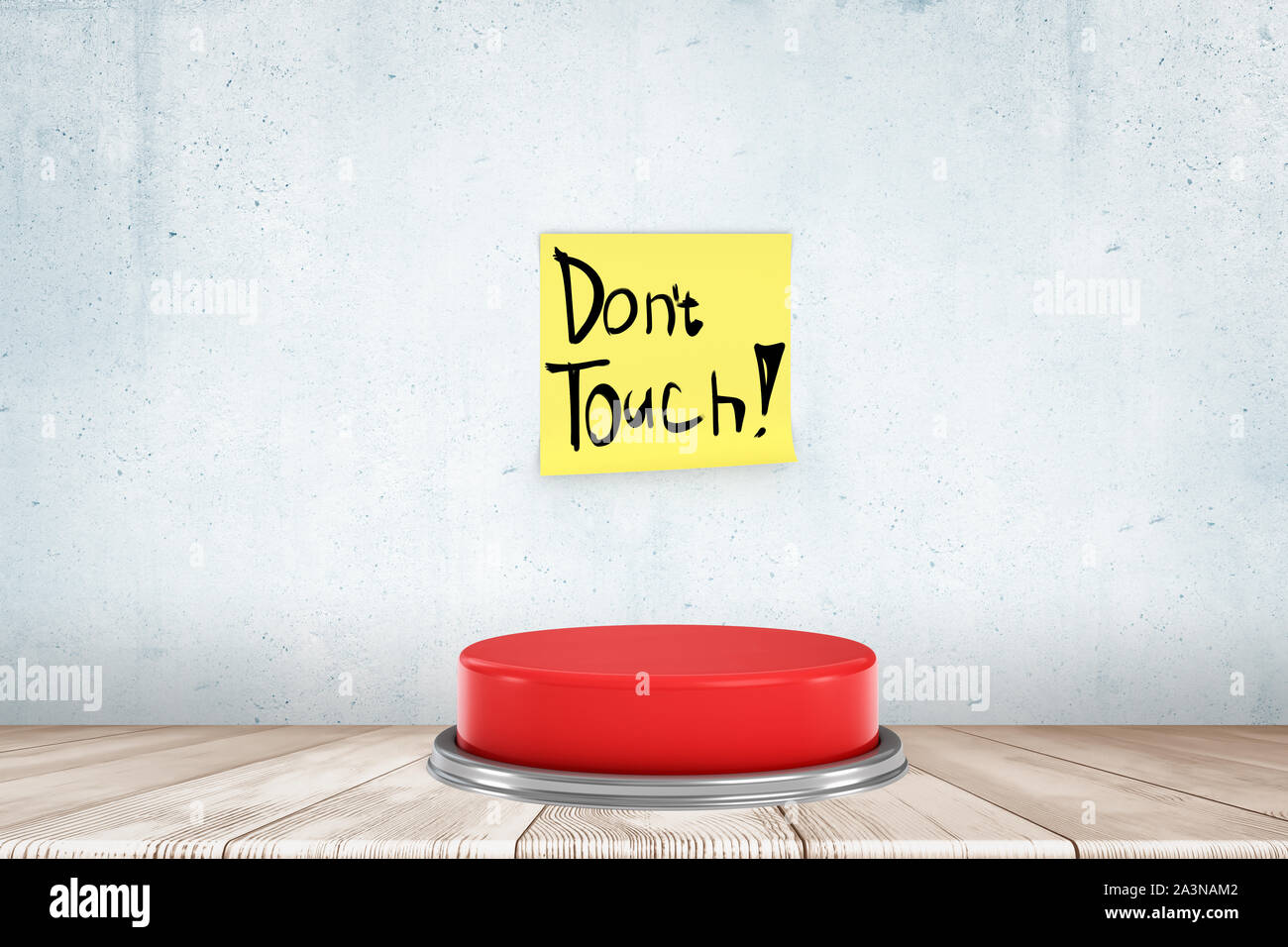 3d rendering of red button on white wooden floor with yellow 'Don't ...
