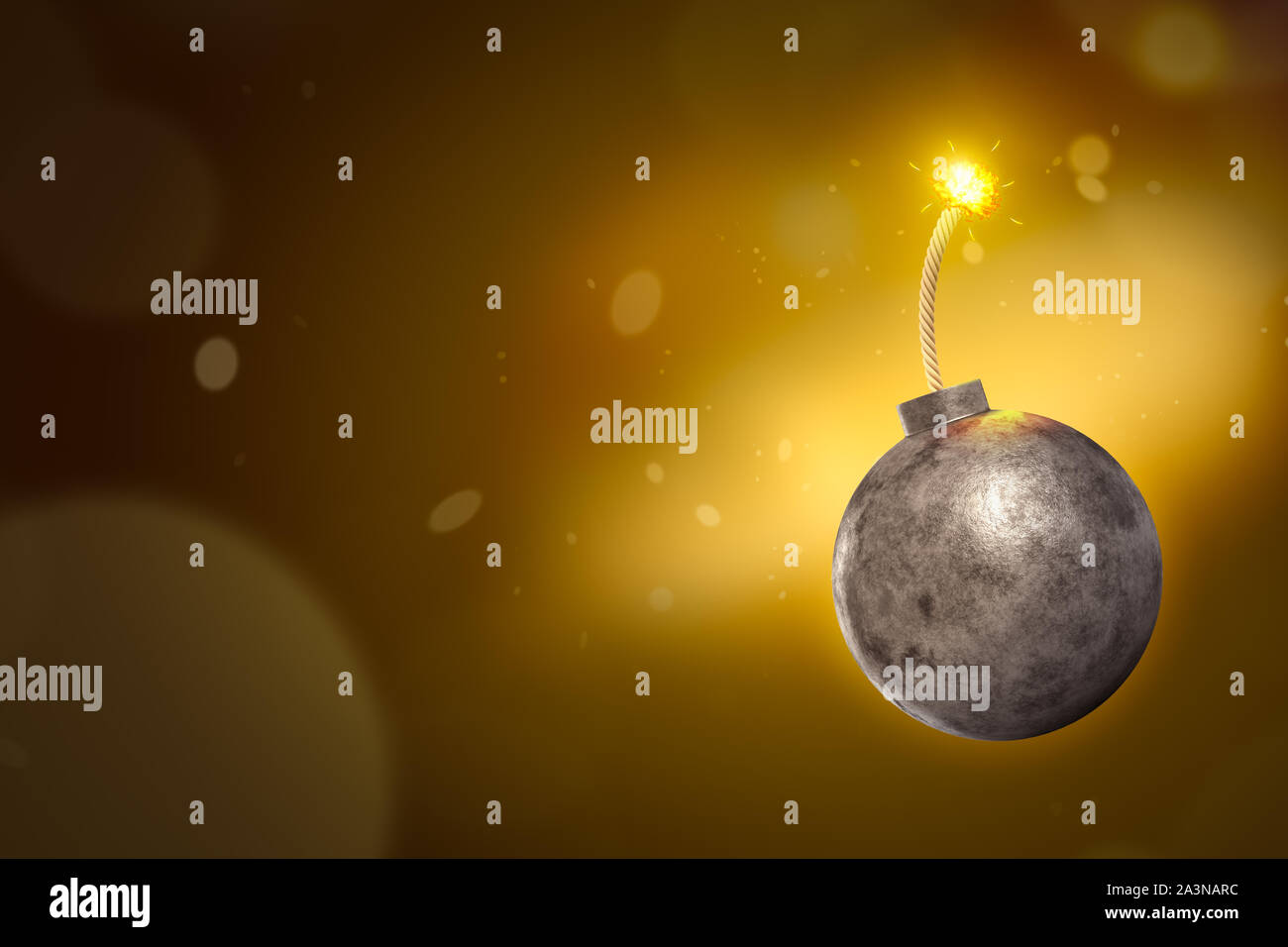 3d rendering of ball bomb with burning fuse on gold-brown gradient ...