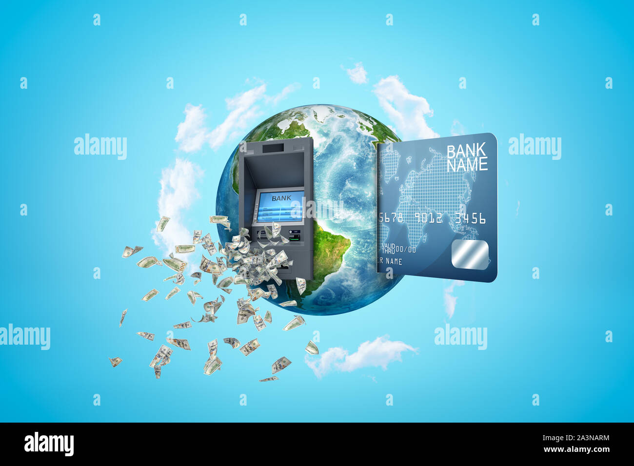 3d rendering of colored earth globe with built ATM machine, bank card ...