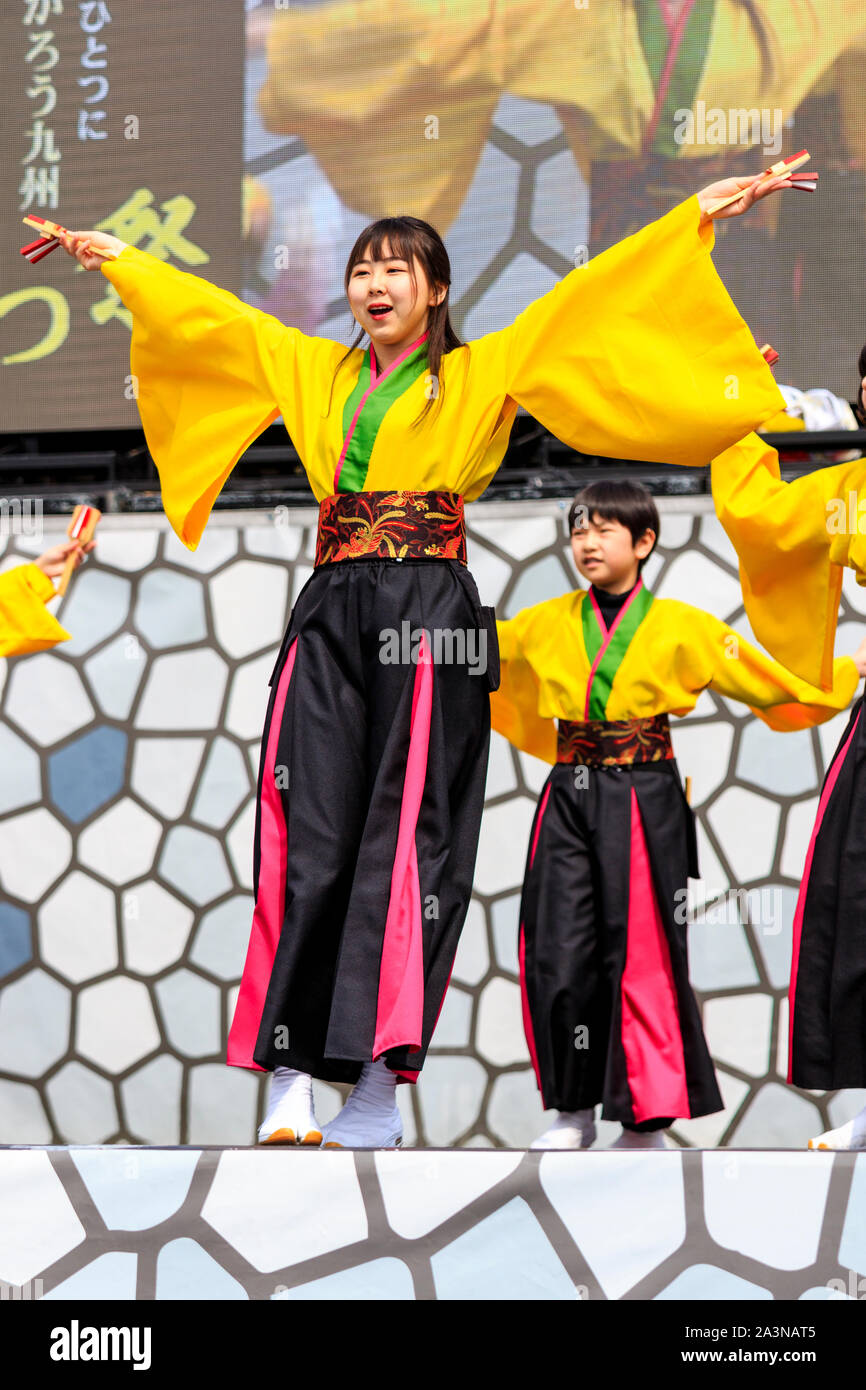 Yosakoi dancer, part of dance troupe, at the Kyusyu Gassai festival at ...