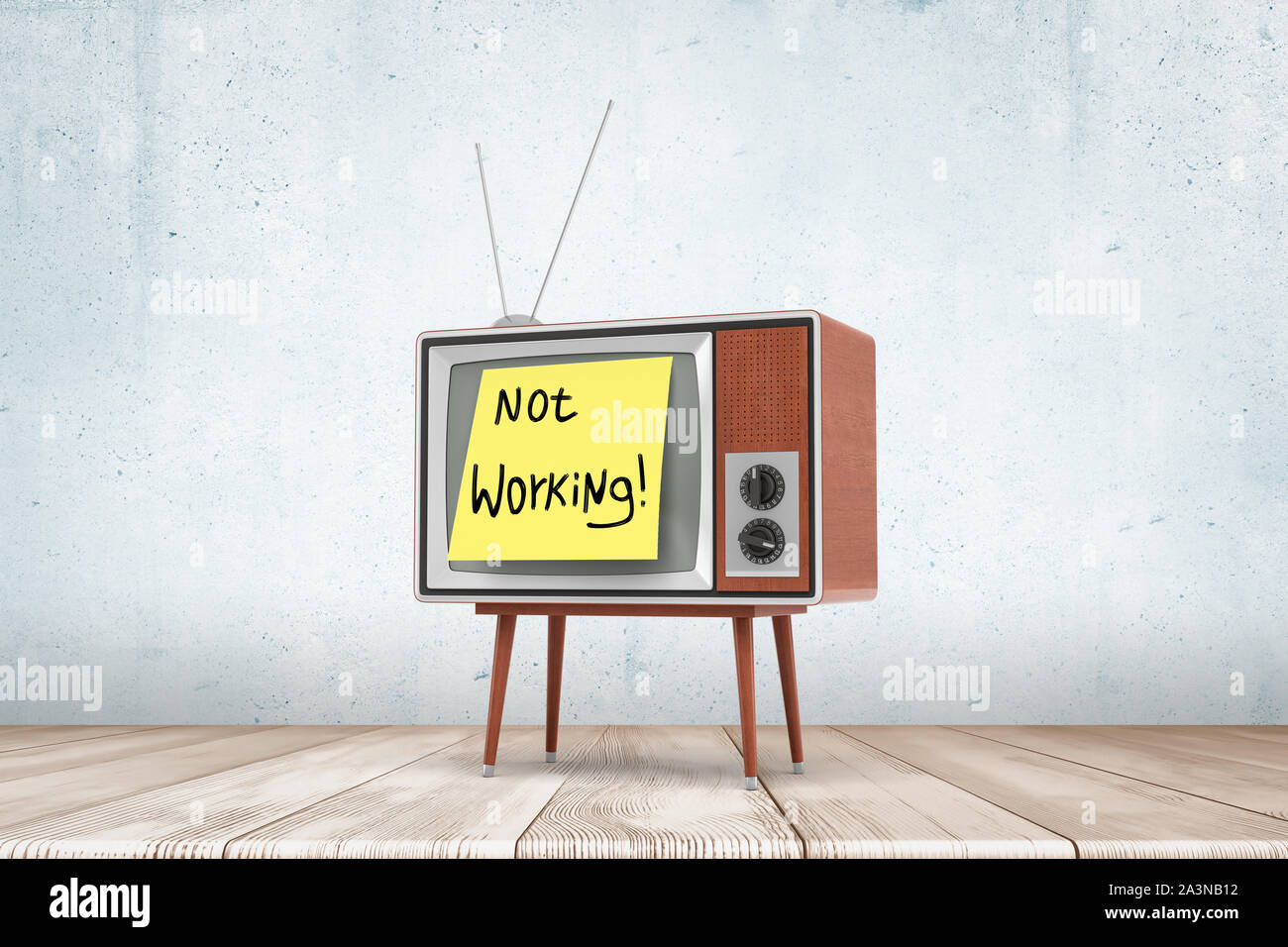 3d rendering of a vintage tv set with yellow 'Not working' note on ...