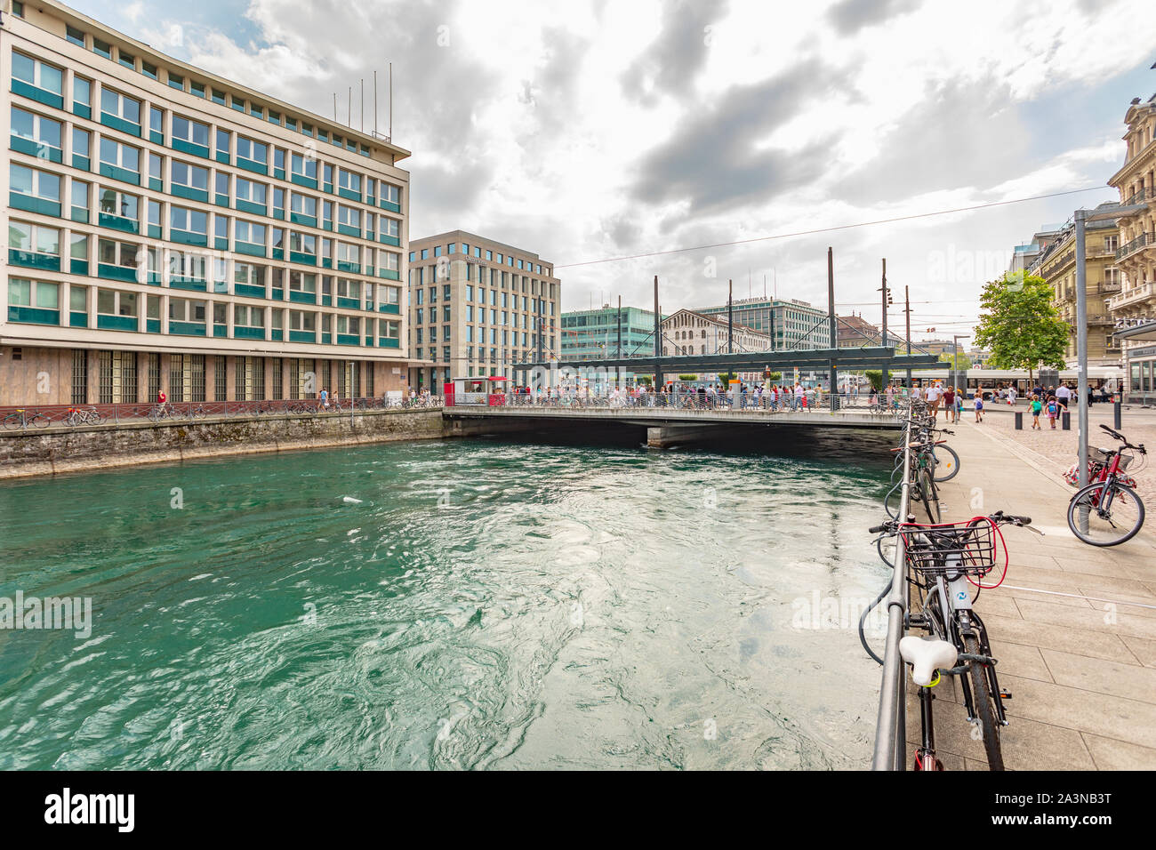 Pedestrian bridge platform over the Rhone river in Geneva Switzerland ...