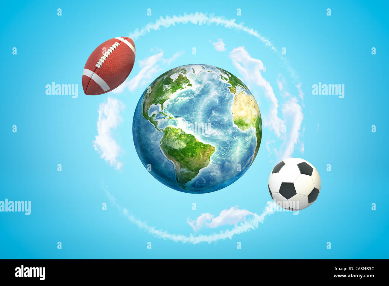 3d rendering of brown american football ball and soccer ball flying ...