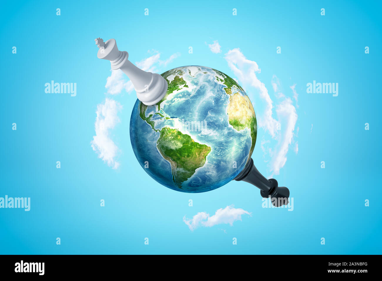 3d rendering of Earth in blue sky, with huge black and white chess ...